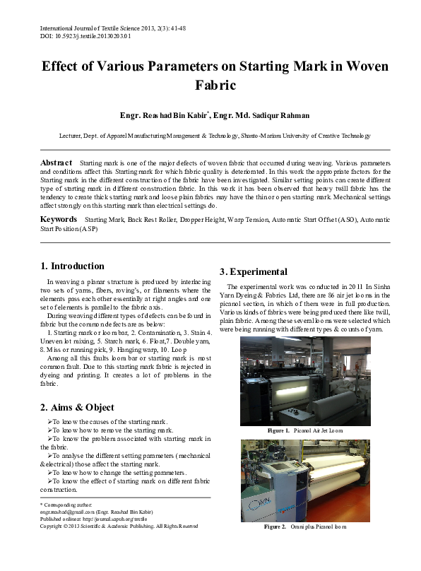 (PDF) Effect of Various Parameters on Starting Mark in Woven Fabric
