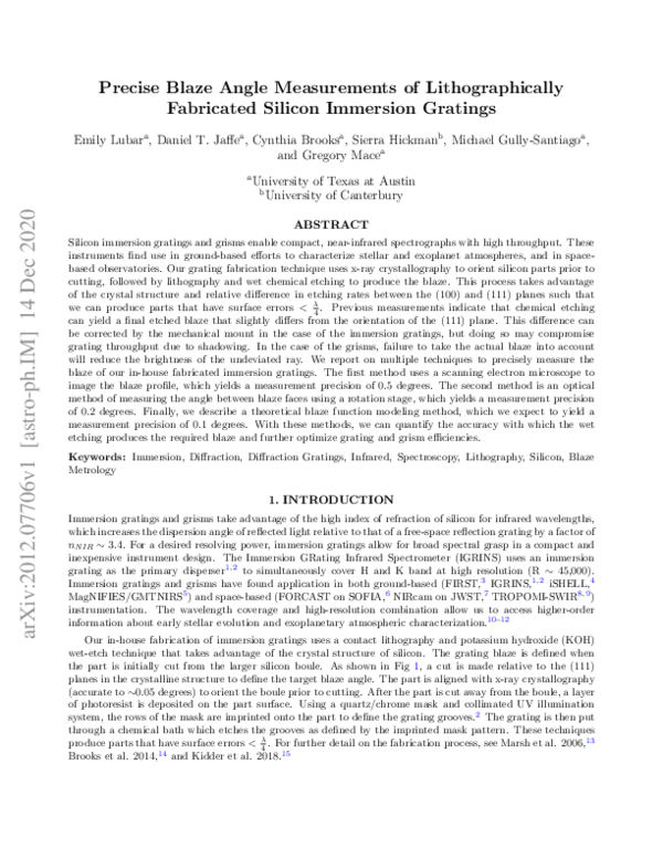 (PDF) Precise blaze angle measurements of lithographically fabricated silicon immersion gratings ...