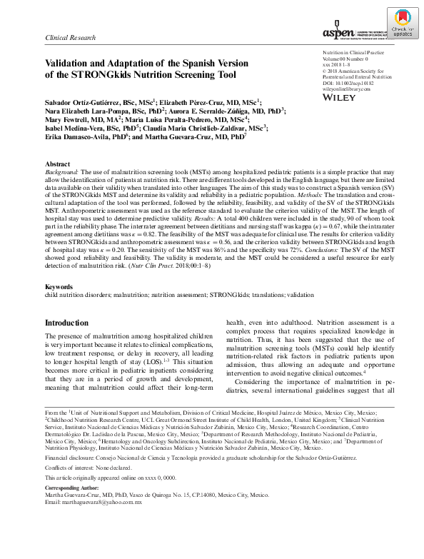 (PDF) Validation and Adaptation of the Spanish Version of the STRONGkids Nutrition Screening Tool