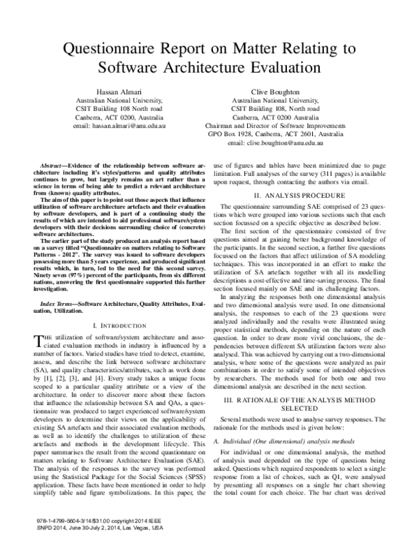 (PDF) Questionnaire report on matter relating to software architecture evaluation