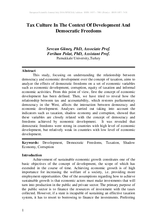 (PDF) Tax Culture In The Context Of Development And Democratic Freedoms