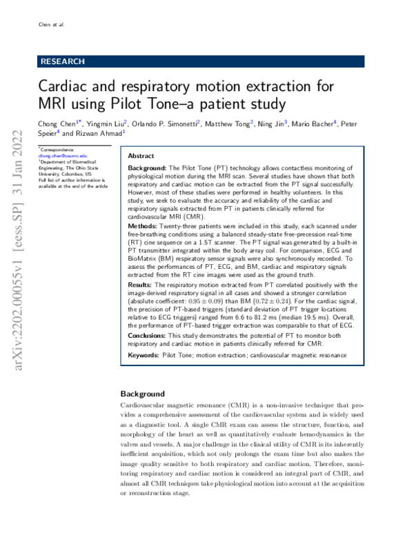 (PDF) Cardiac and respiratory motion extraction for MRI using Pilot Tone-a patient study