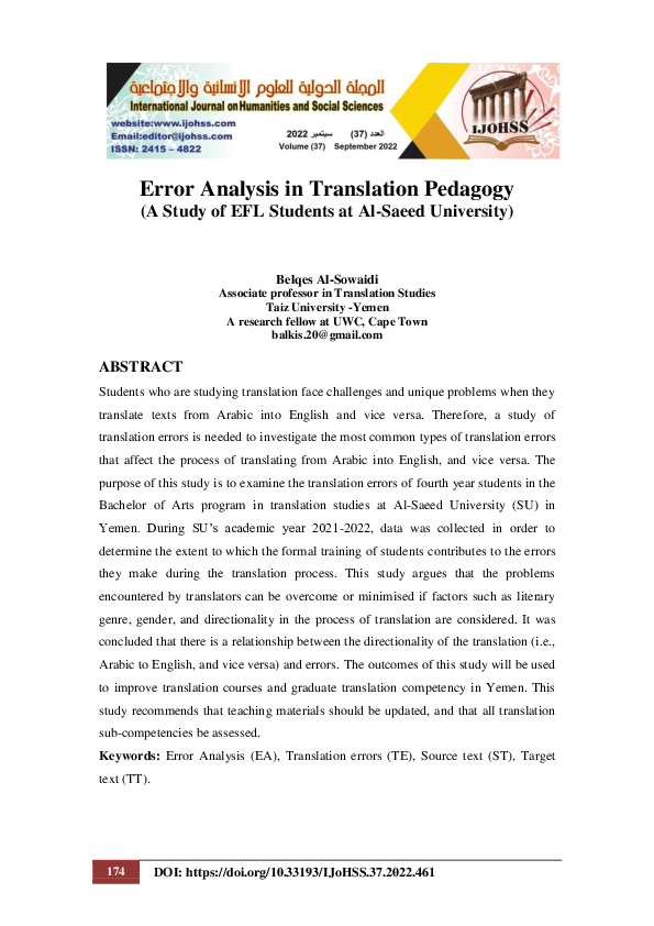 (PDF) Error Analysis in Translation Pedagogy