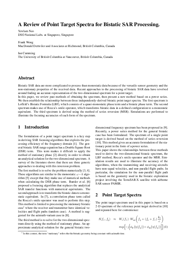 (PDF) A Review of Point Target Spectra for Bistatic SAR Processing