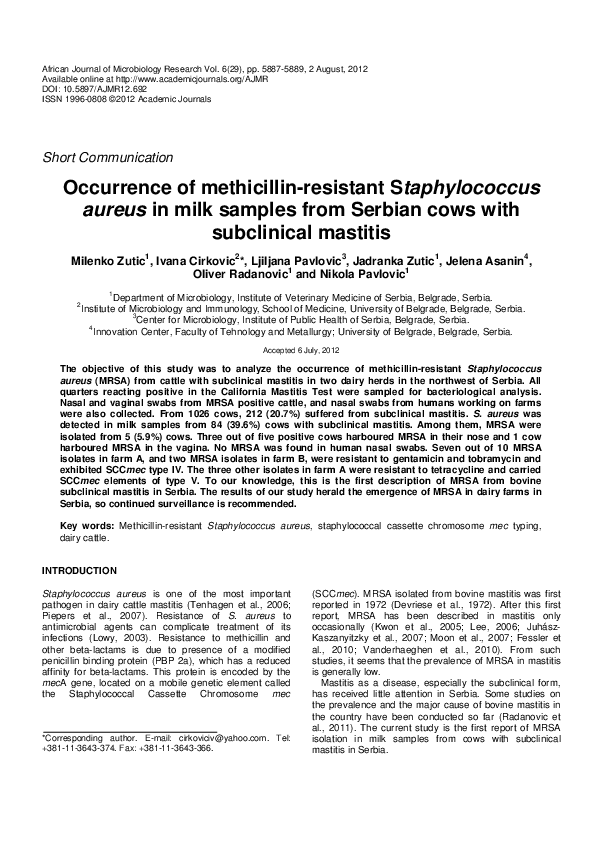 (PDF) Occurrence of methicillin-resistant Staphylococcus aureus in milk samples from Serbian ...