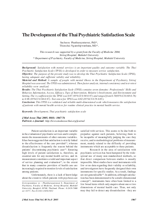 (PDF) The development of the Thai Psychiatric Satisfaction Scale