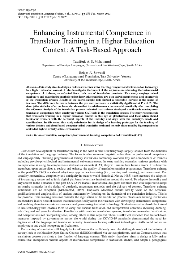 (PDF) Enhancing Instrumental Competence in Translator Training in a ...