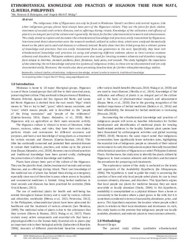 (PDF) Ethnobotanical Knowledge and practices of Higaonon Tribe from Mat ...
