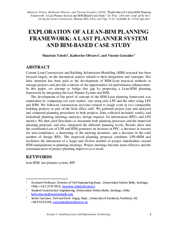 (PDF) Exploration of a lean-BIM planning framework: A last planner system and BIM-based case study