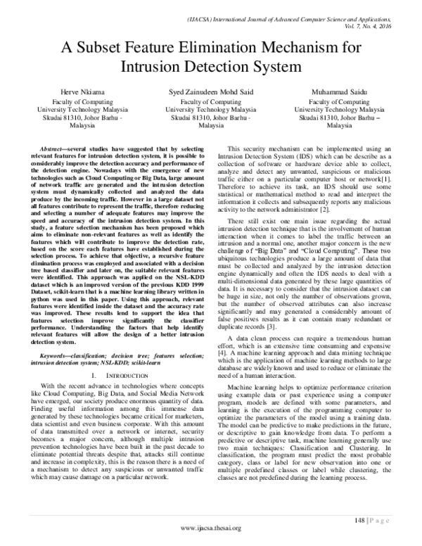 (PDF) A Subset Feature Elimination Mechanism for Intrusion Detection System