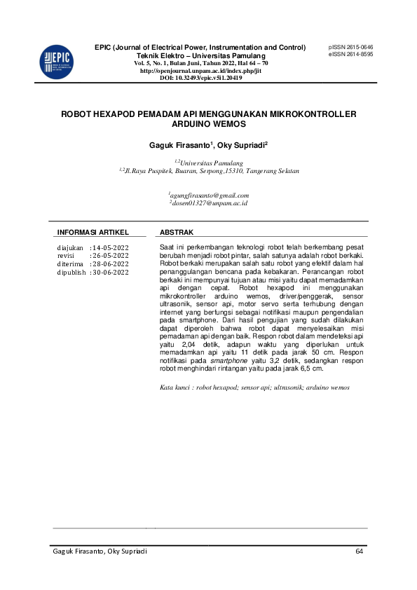 (PDF) Robot Hexapod Pemadam Api Menggunakan Mikrokontroller Arduino Wemos
