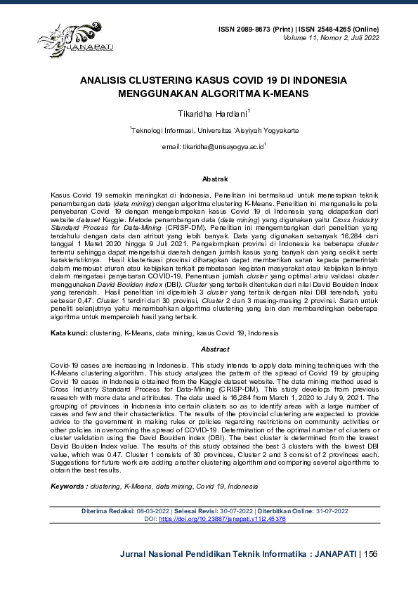 (PDF) Analisis Clustering Kasus Covid 19 di Indonesia Menggunakan Algoritma K-Means