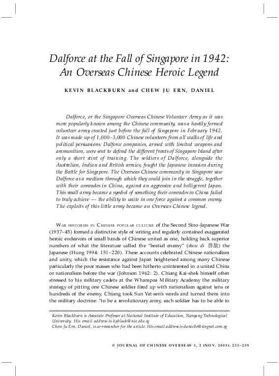 (PDF) Dalforce at the Fall of Singapore in 1942: An Overseas Chinese ...