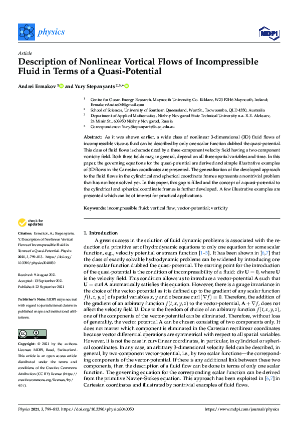 (PDF) Description of Nonlinear Vortical Flows of Incompressible Fluid in Terms of a Quasi-Potential