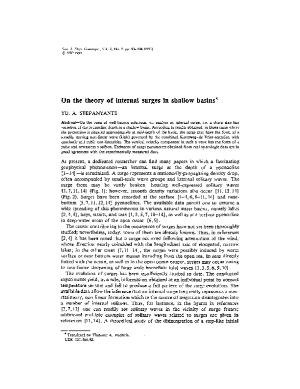 (PDF) On the theory of internal surges in shallow basins