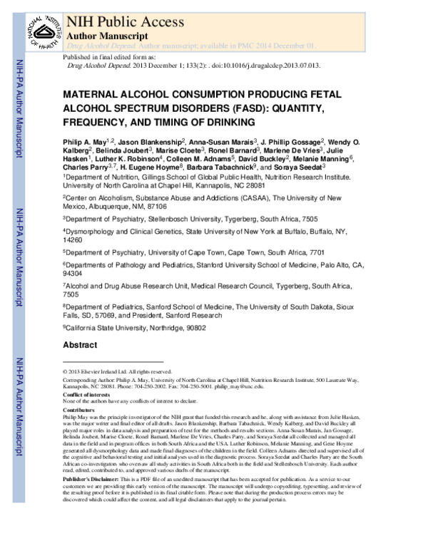 (PDF) Maternal alcohol consumption producing fetal alcohol spectrum ...