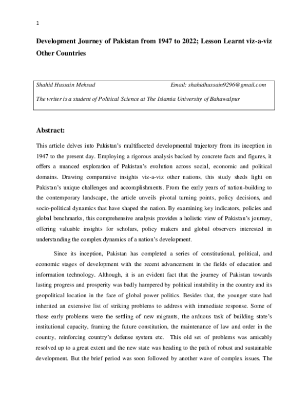 (PDF) Development Journey of Pakistan from 1947 to 2022; Lesson Learnt ...