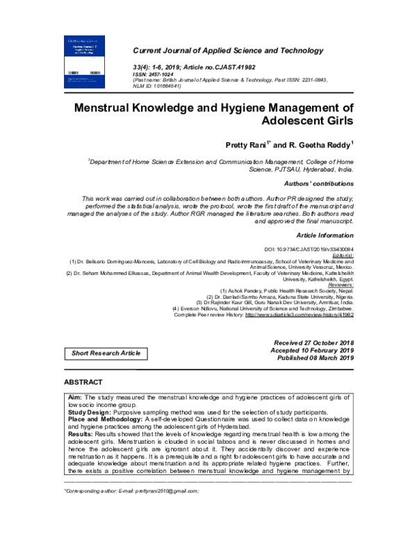 Pdf Menstrual Knowledge And Hygiene Management Of Adolescent Girls