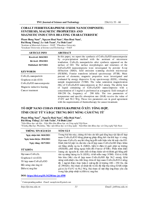 (PDF) Tổ Hợp Nano Coban Ferit/Graphene Ô Xít: Tổng Hợp, Tính Chất Từ Và Đặc Trưng Đốt Nóng Cảm ...