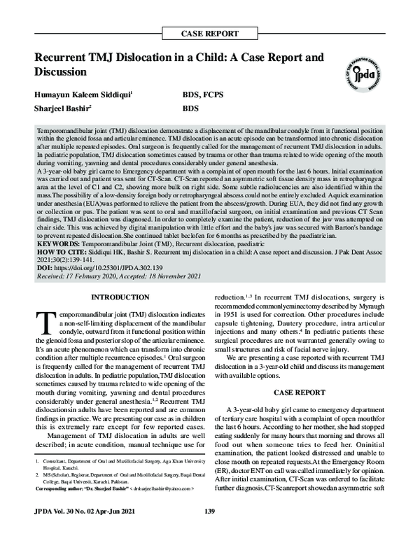 (PDF) Recurrent TMJ Dislocation in a Child: A Case Report and Discussion