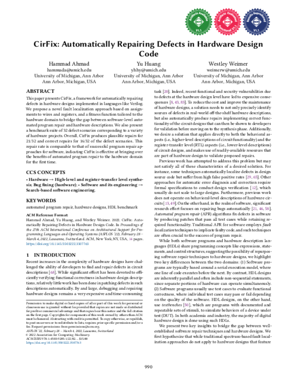 (PDF) CirFix: automatically repairing defects in hardware design code