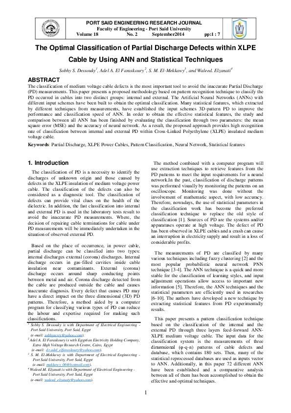 Pdf The Optimal Classification Of Partial Discharge Defects Within