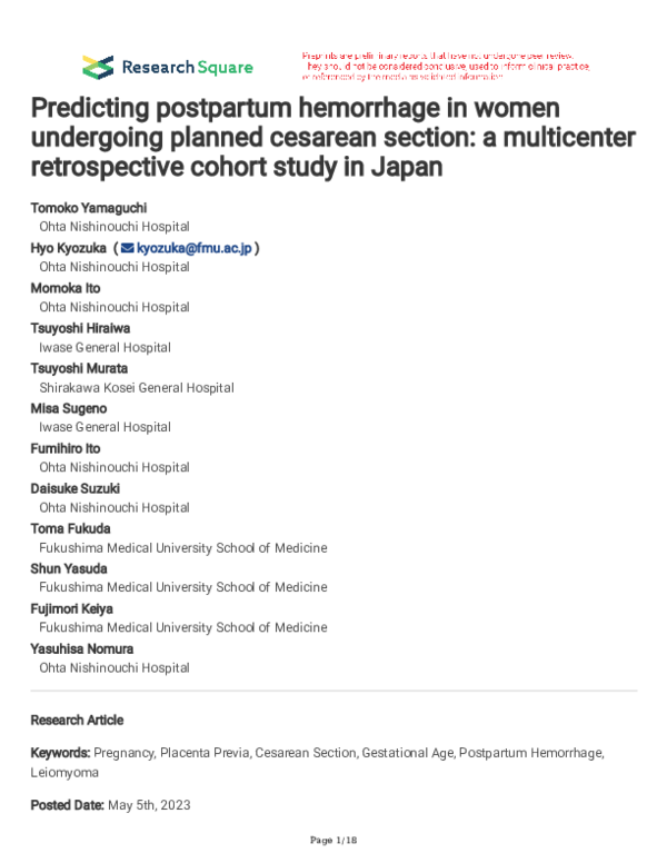 (PDF) Predicting postpartum hemorrhage in women undergoing planned cesarean section: a ...