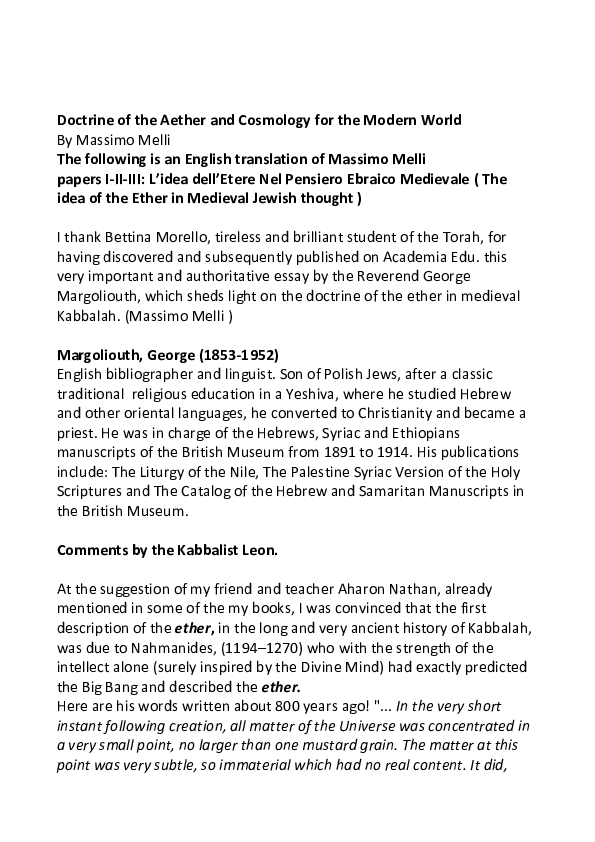 (PDF) Doctrine of the Aether and Cosmology for the Modern World