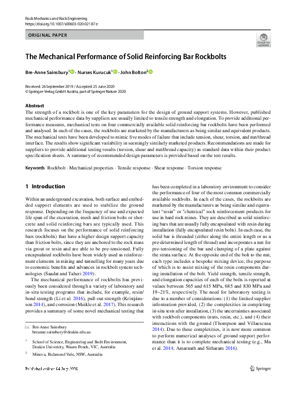 (PDF) The Mechanical Performance of Solid Reinforcing Bar Rockbolts