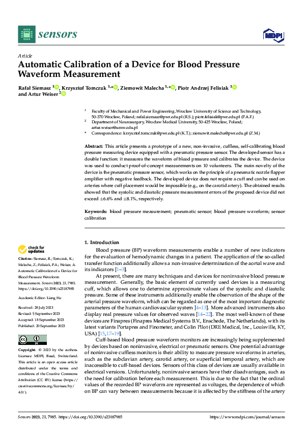 (PDF) Automatic Calibration of a Device for Blood Pressure Waveform Measurement