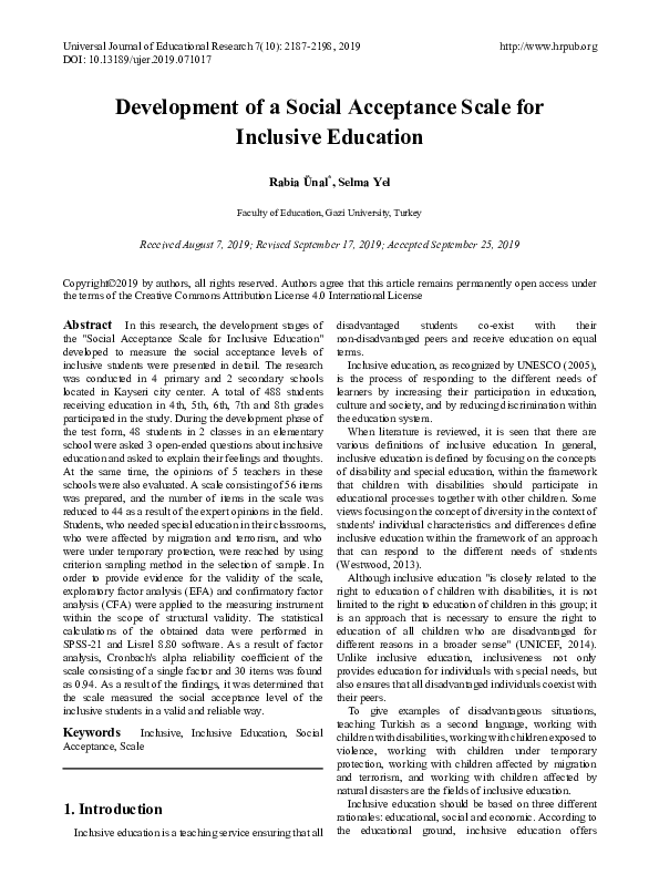 (PDF) Development of a Social Acceptance Scale for Inclusive Education