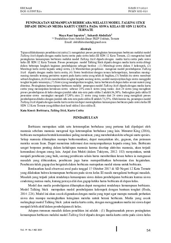 (PDF) Peningkatan Kemampuan Berbicara Melalui Model Talking Stick Dipadu Dengan Media Kartu ...