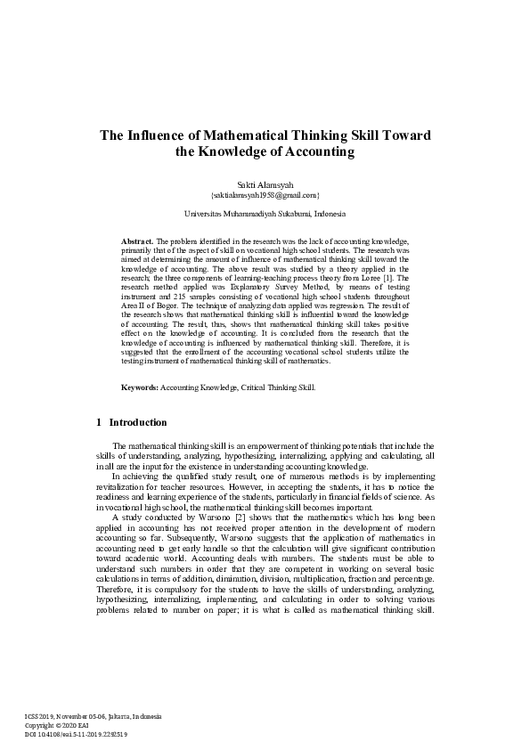 (PDF) The Influence of Mathematical Thinking Skill Toward the Knowledge of Accounting