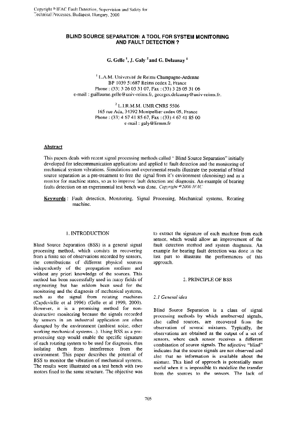 Pdf Blind Source Separation A Tool For System Monitoring And Fault