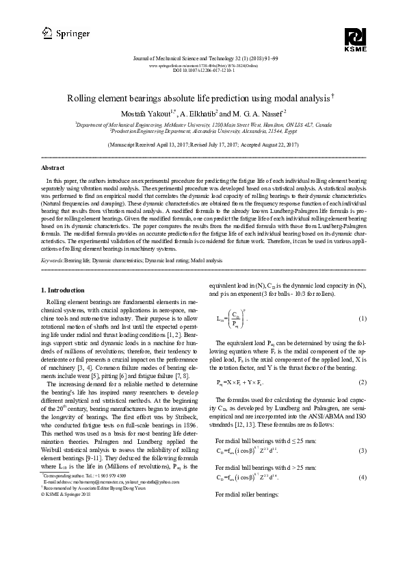 Pdf Rolling Element Bearings Absolute Life Prediction Using Modal