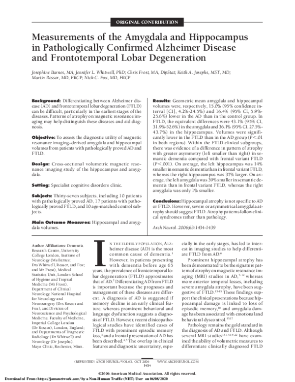 (PDF) Measurements of the Amygdala and Hippocampus in Pathologically ...