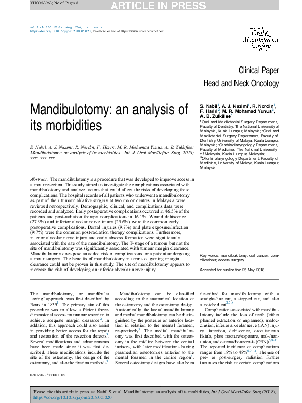 (PDF) Mandibulotomy: an analysis of its morbidities | RIFQAH NORDIN ...