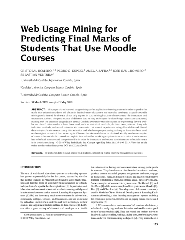 (PDF) Web usage mining for predicting final marks of students that use Moodle courses