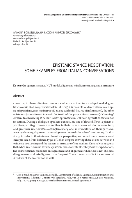 (PDF) Epistemic Stance Negotiation: Some Examples from Italian ...