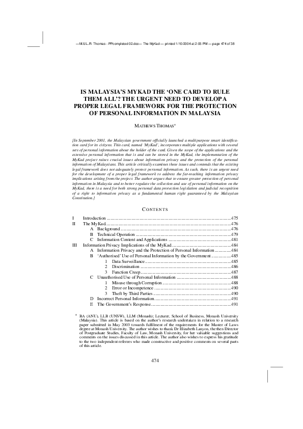 (PDF) Is Malaysia's MyKad the 'One Card to Rule Them All'? The Urgent ...