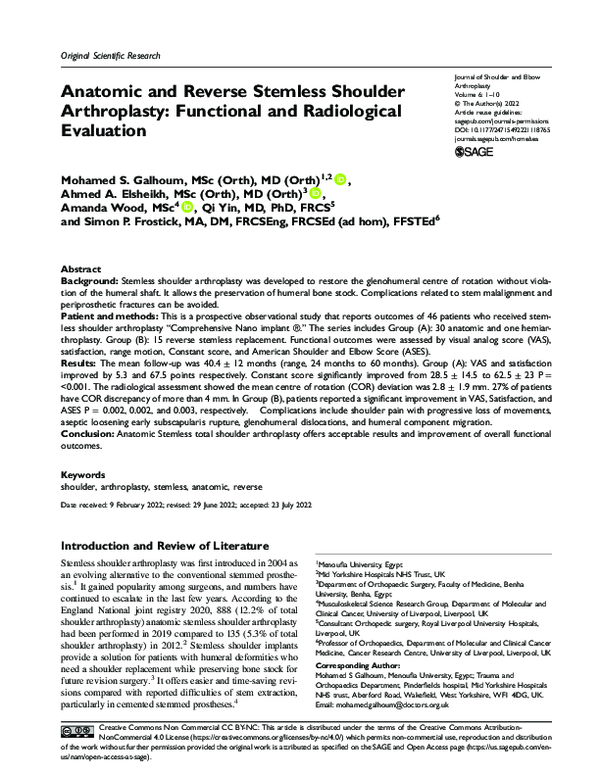 (PDF) Anatomic and Reverse Stemless Shoulder Arthroplasty: Functional ...