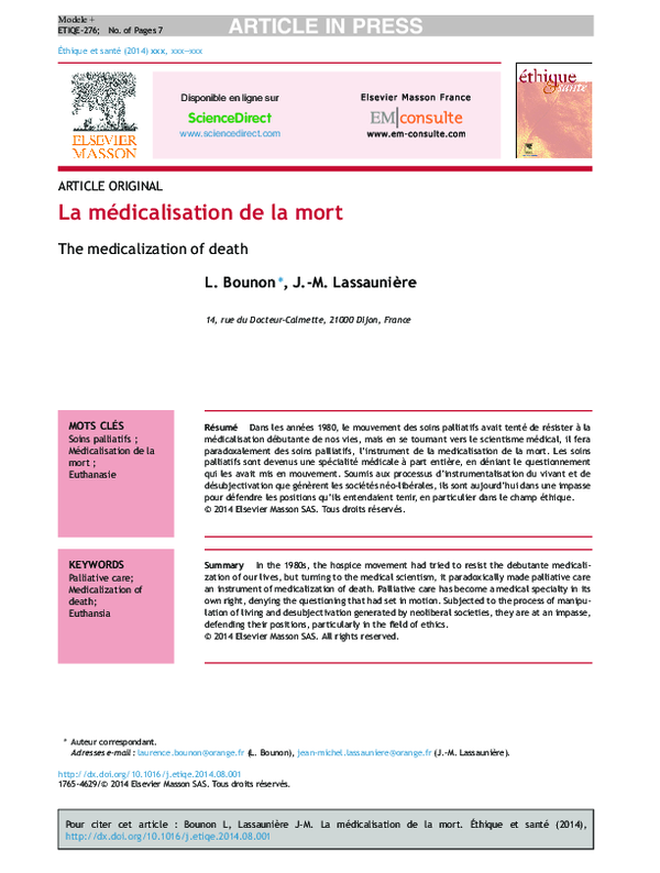 (PDF) La médicalisation de la mort