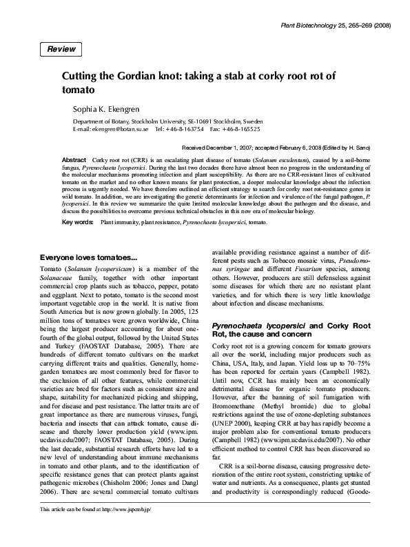 (PDF) Cutting the Gordian knot: taking a stab at corky root rot of tomato