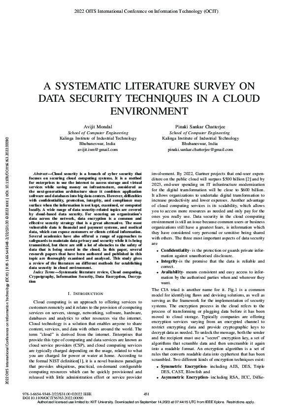 Pdf A Systematic Literature Survey On Data Security Techniques In A Cloud Environment
