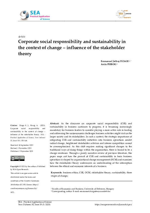 (PDF) Corporate social responsibility and sustainability in the context of change -influence of ...