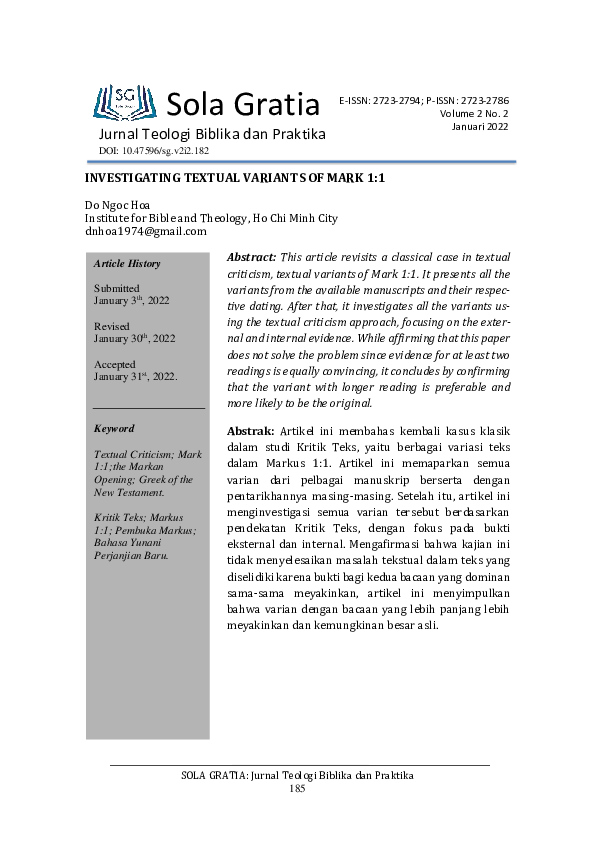 (PDF) IMPORTANT TEXTUAL VARIANTS IN MARK 1l1