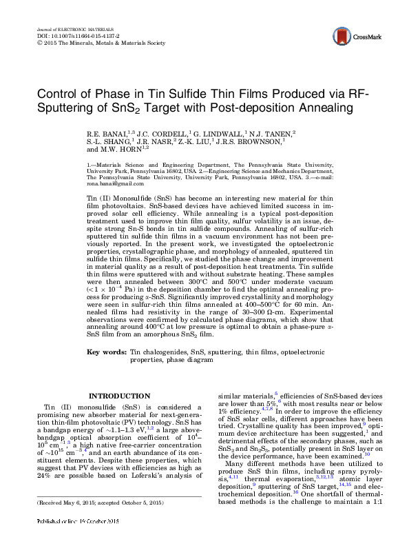 (PDF) Control of Phase in Tin Sulfide Thin Films Produced via RF ...