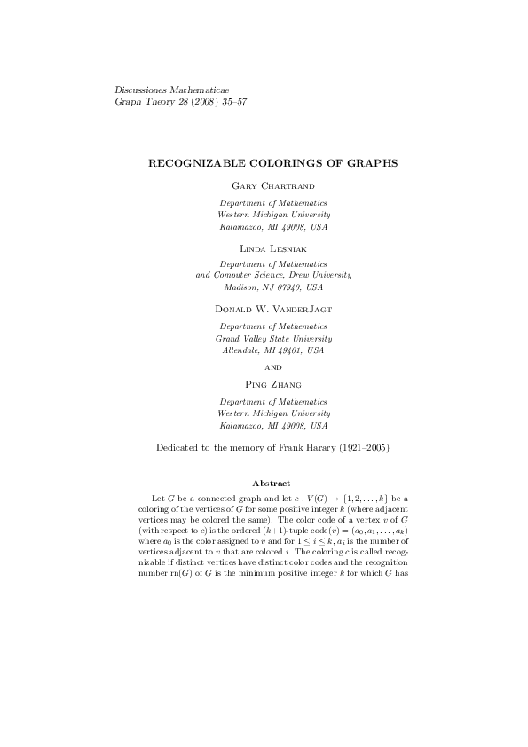 (PDF) Recognizable colorings of graphs | Gary Chartrand - Academia.edu