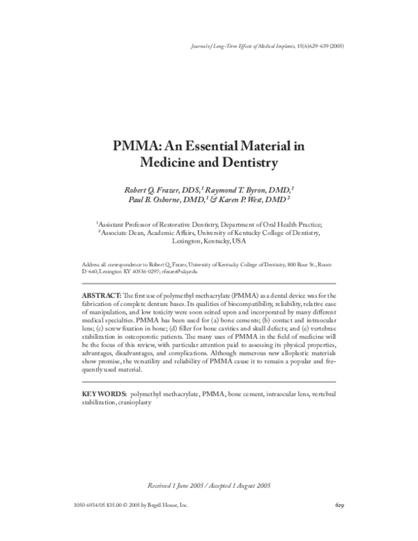 (PDF) PMMA: An Essential Material in Medicine and Dentistry
