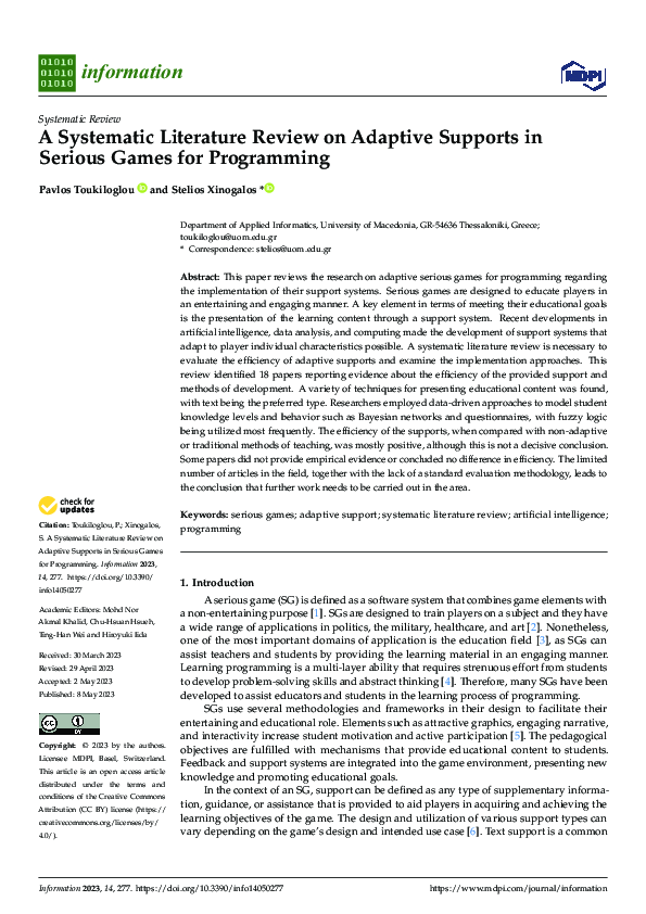 Pdf A Systematic Literature Review On Adaptive Supports In Serious